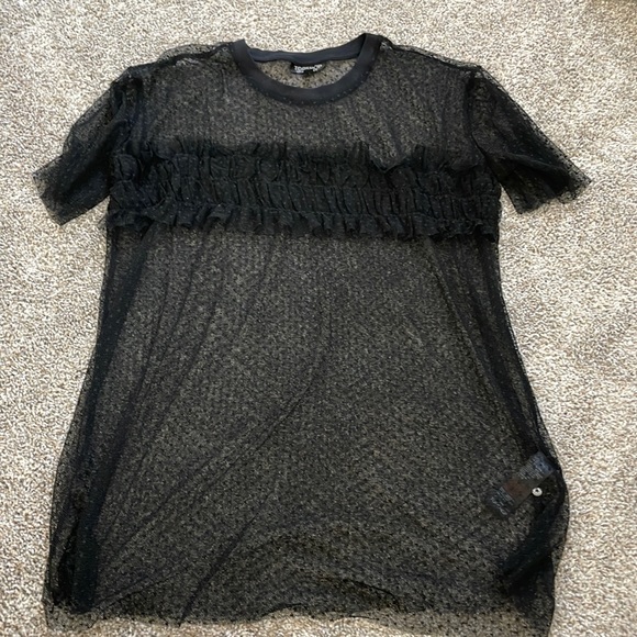 Tops | Topshop Sheer Mesh Ruffle Swiss Dot Top In Black | Poshmark